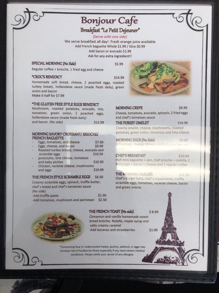 Menu at Bonjour Cafe, Houston