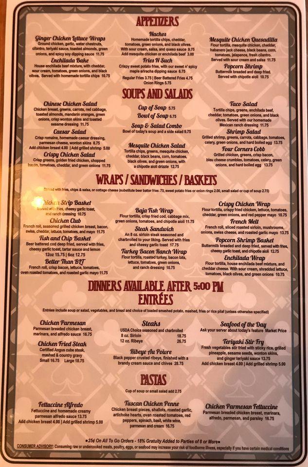 Menu at Four Corners Casino & Crossroads Grill restaurant, Eureka