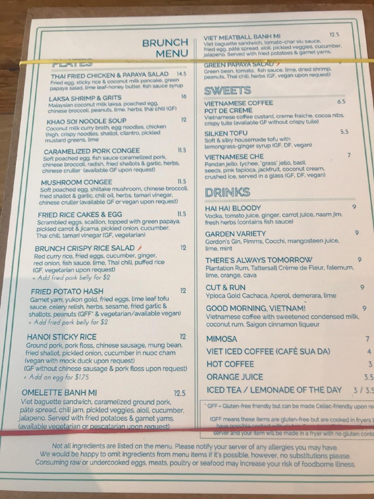 Menu at Hai Hai restaurant, Minneapolis