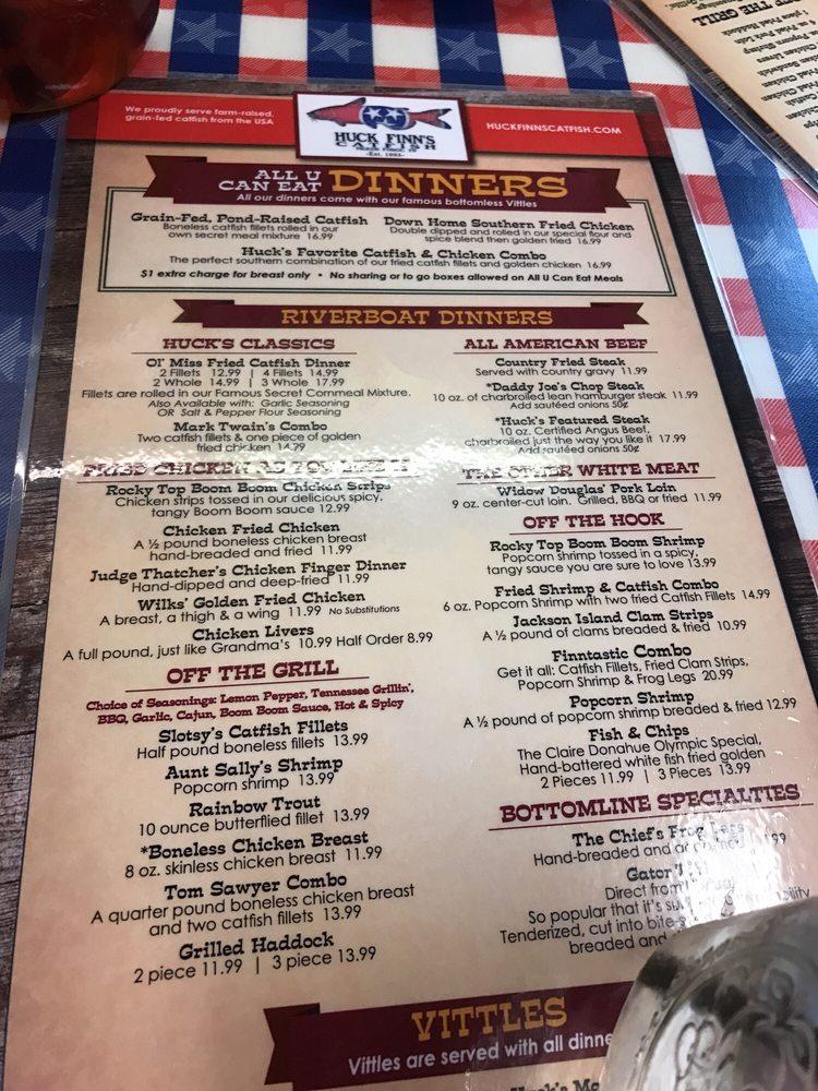 Menu at Huck Finn's Catfish restaurant, Pigeon Forge