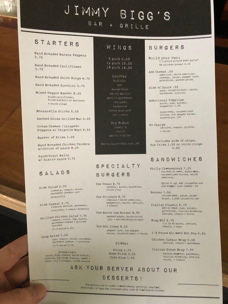 Menu at Jimmy Bigg's Grill pub & bar, Cuyahoga Falls