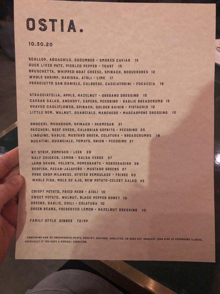 Menu at Ostia restaurant, Houston