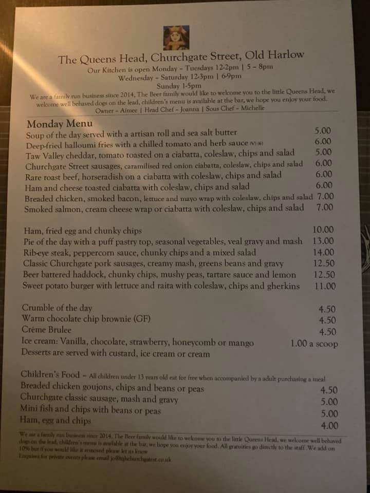 Menu at The Queens Head Public House, Harlow