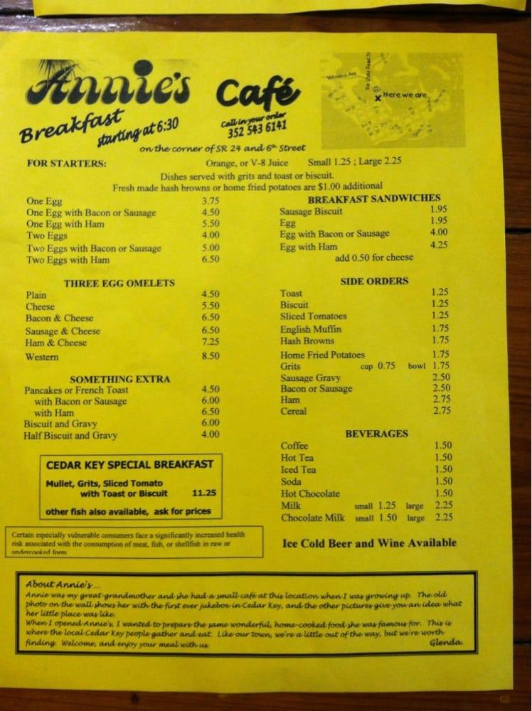 Menu at Annie's Cafe, Cedar Key