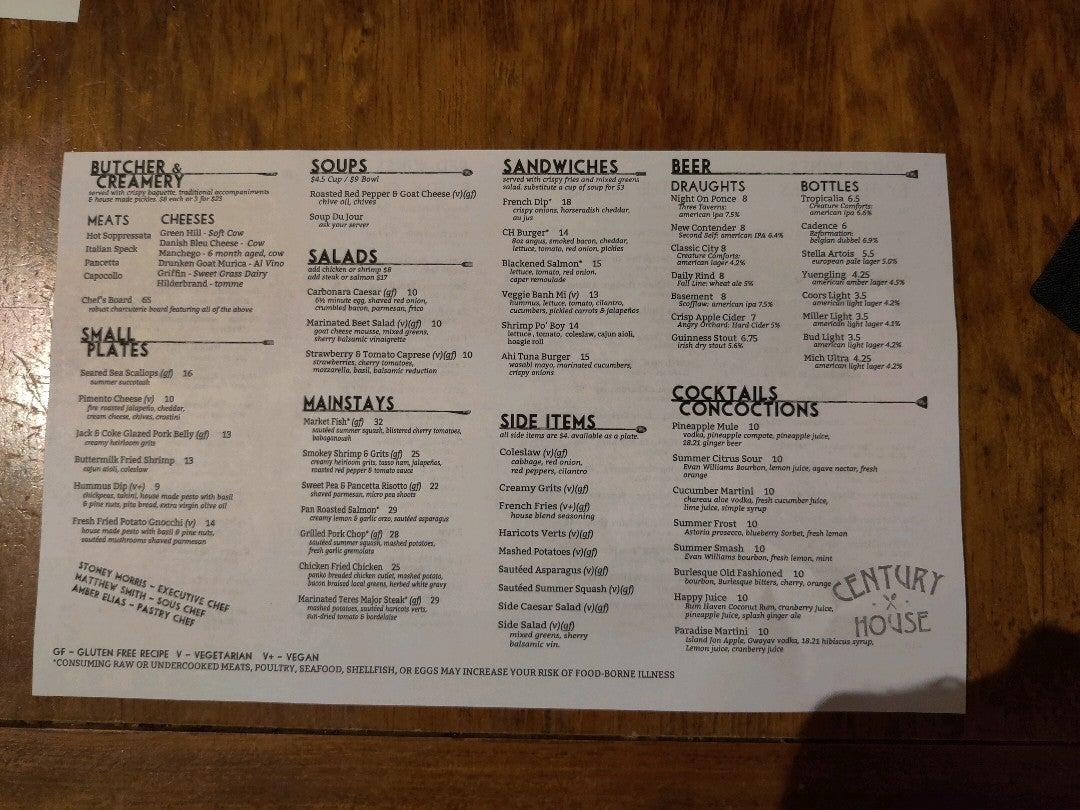 Menu at Century House pub & bar, Woodstock