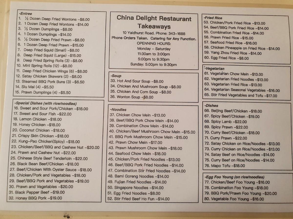 Menu at China Delight restaurant, Christchurch