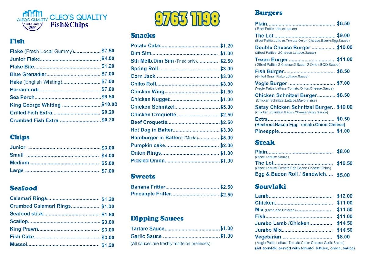 Menu at Cleo's Quality Fish & Chips fast food, Knoxfield