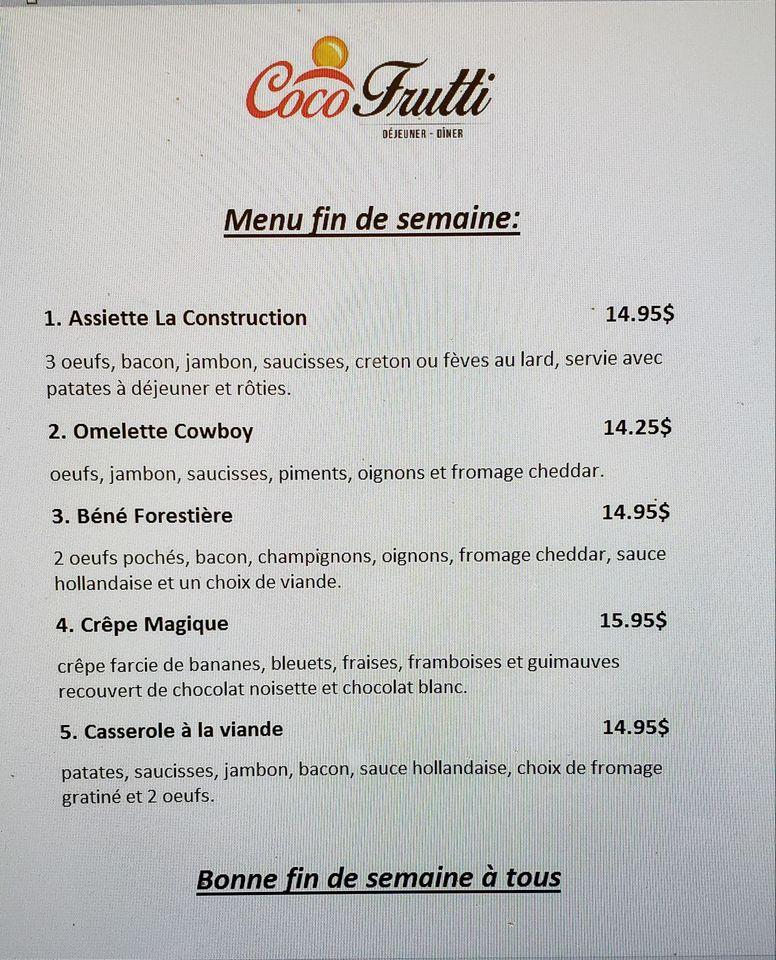 Menu at Coco Frutti Victoriaville pub & bar, Victoriaville