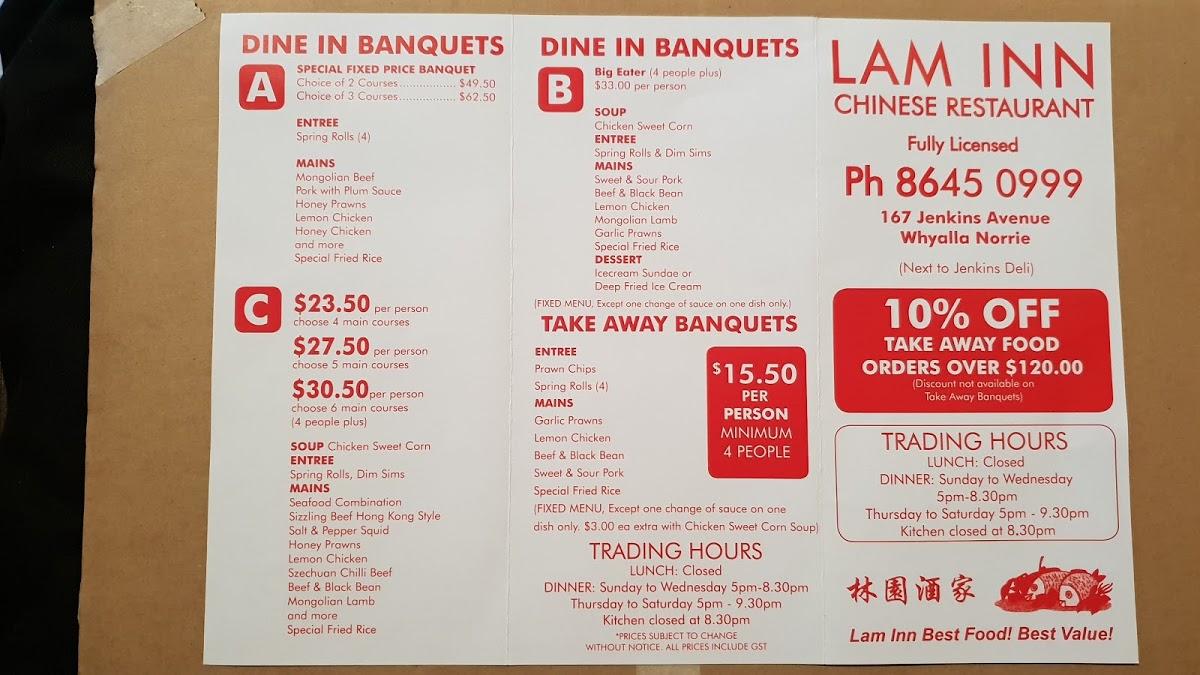 Menu at Lam Inn Chinese Restaurant, Whyalla Norrie