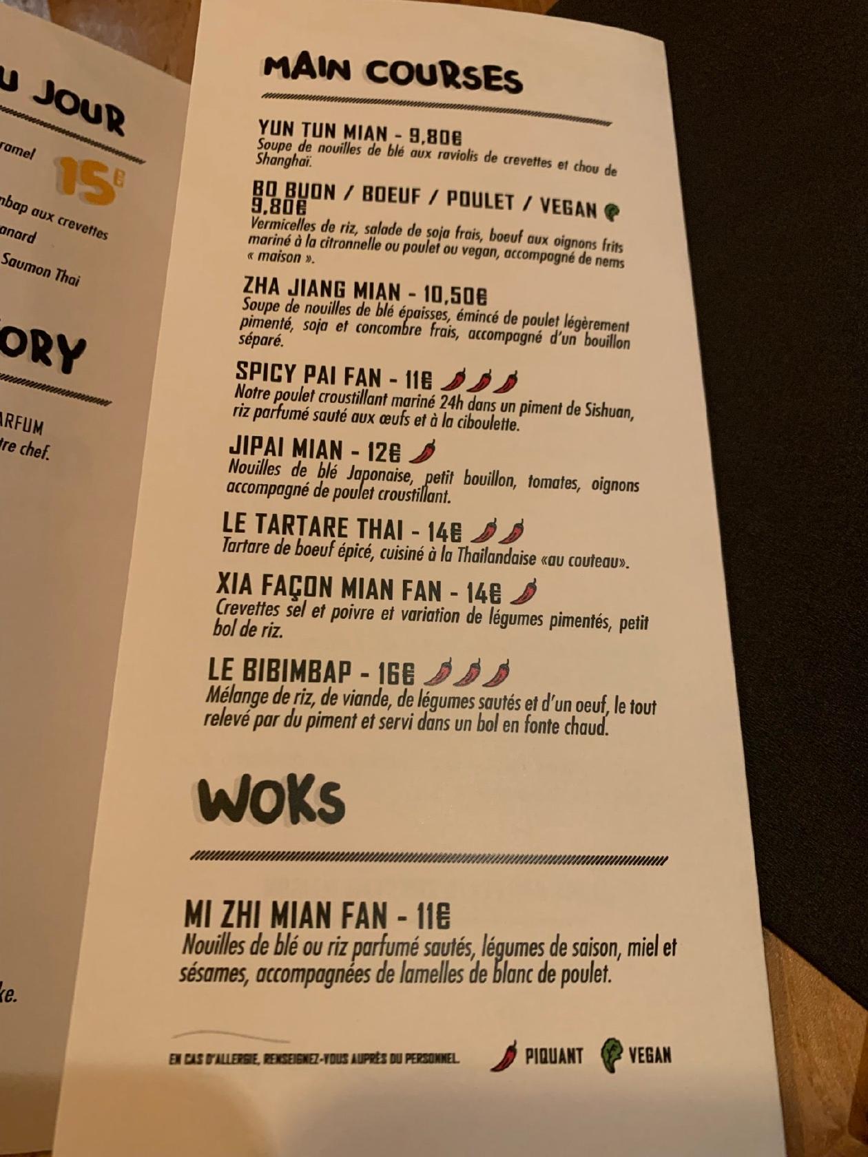 Menu at Mian Fan restaurant, Paris, 124 Bd du Montparnasse