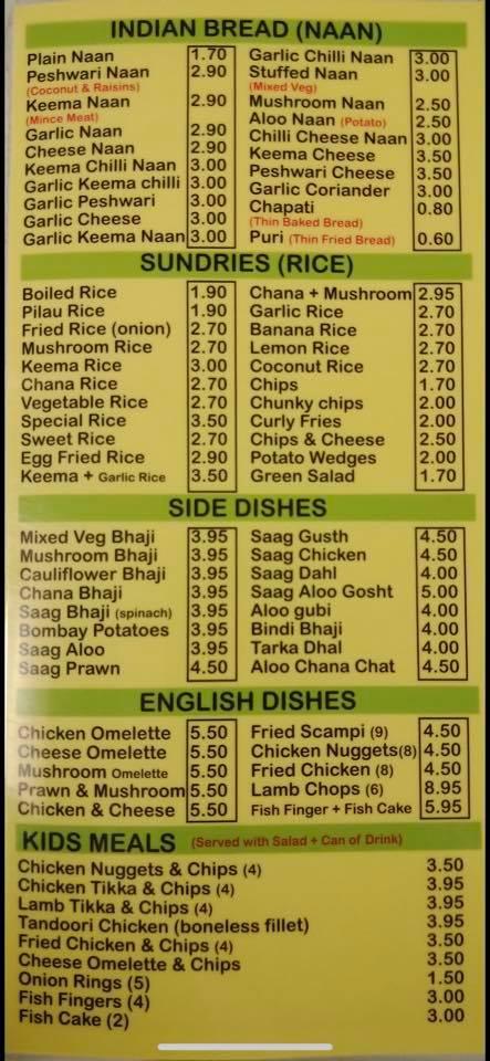 Menu at Asha's Indian Tandoori Restaurant, Rhyl
