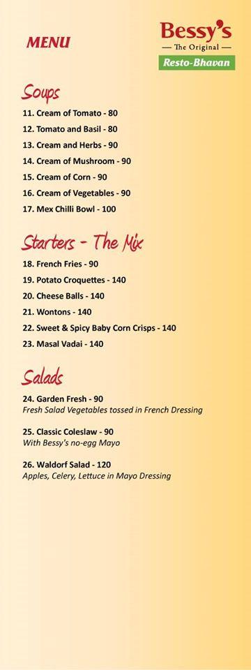 Menu at Bessy's Resto Bhavan, Chennai, 18/72
