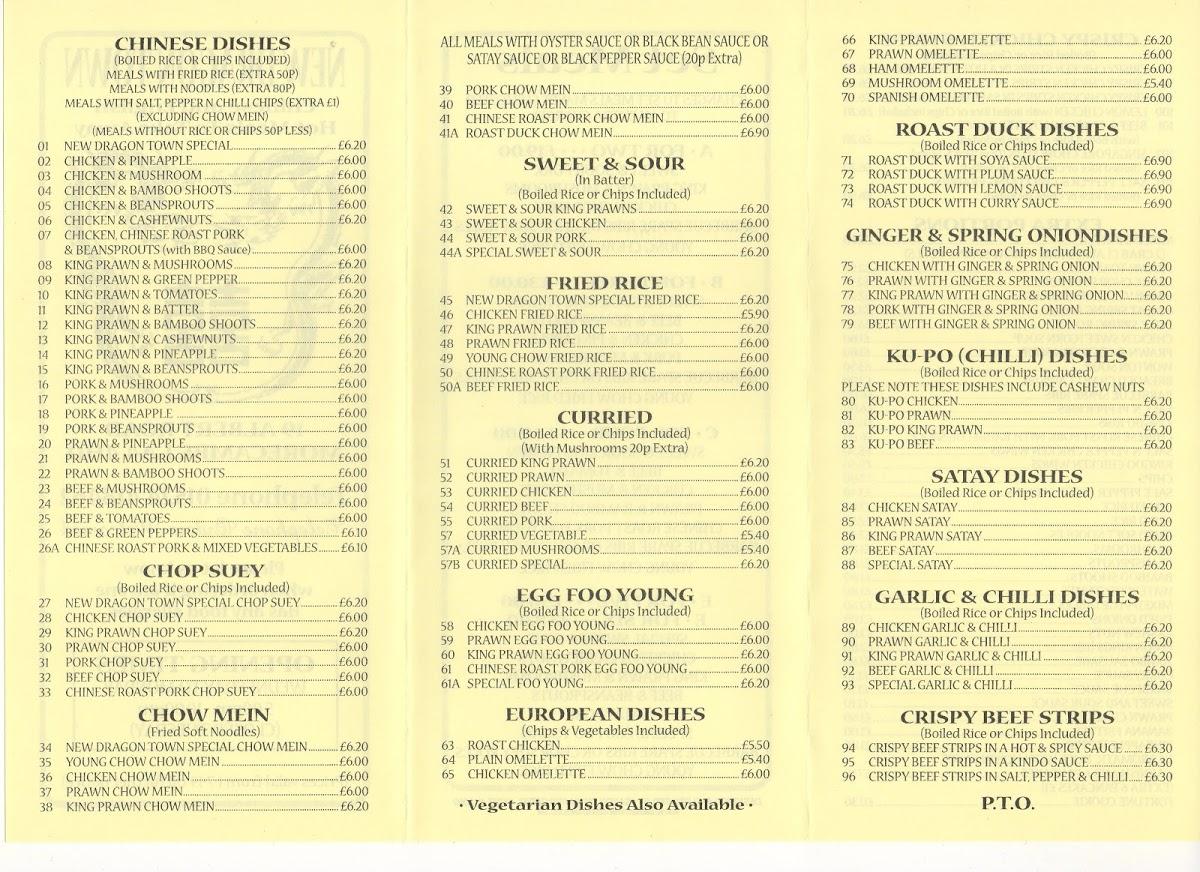 Menu at New Dragon Town fast food, Morecambe