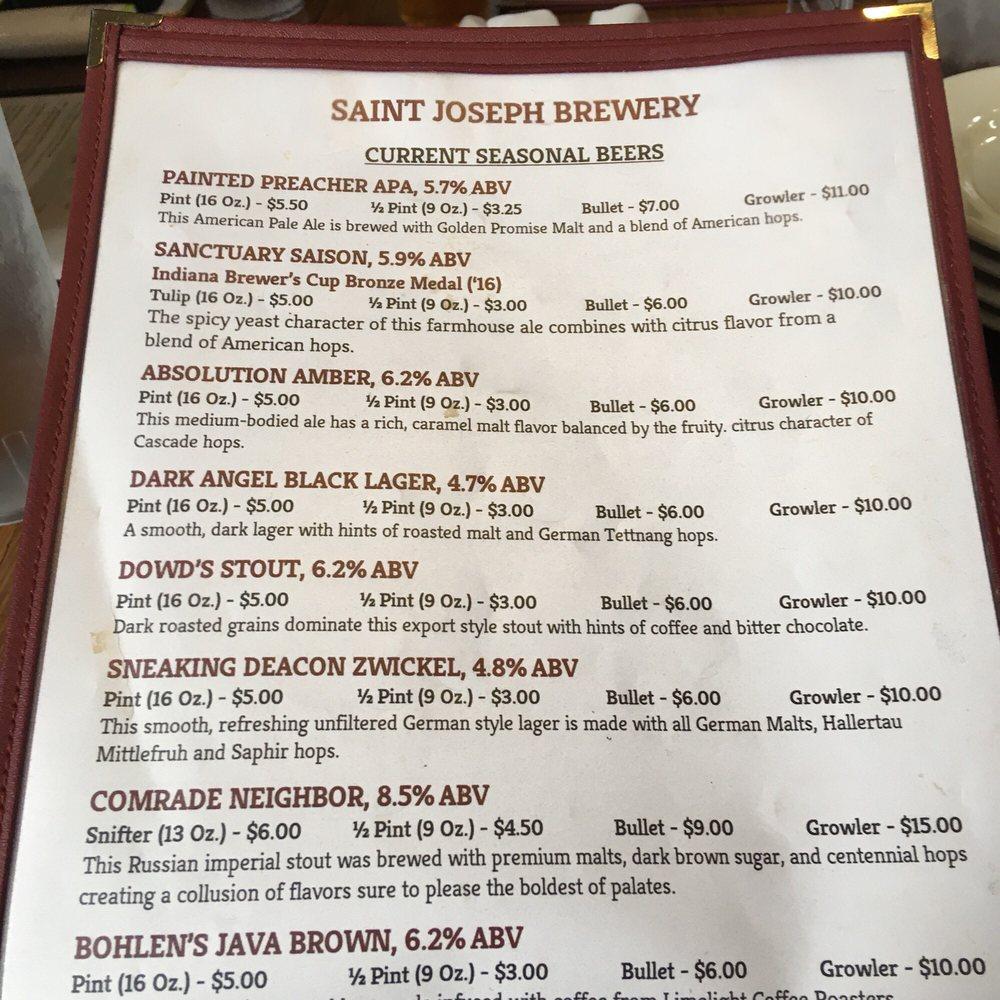 Menu at St. Joseph Brewery pub & bar, Indianapolis