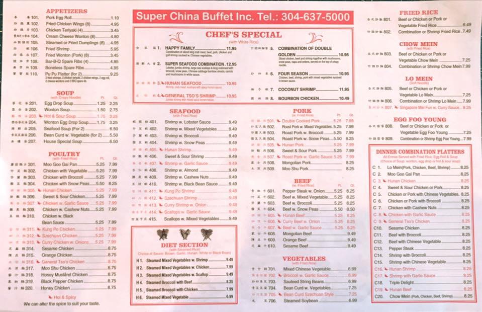 Menu at Super Buffet restaurant, Elkins
