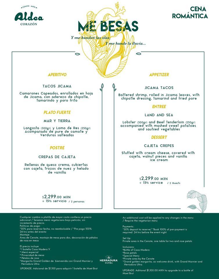 Menu at Aldea Corazón restaurant, Playa del Carmen, 5 Av. Nte. 5