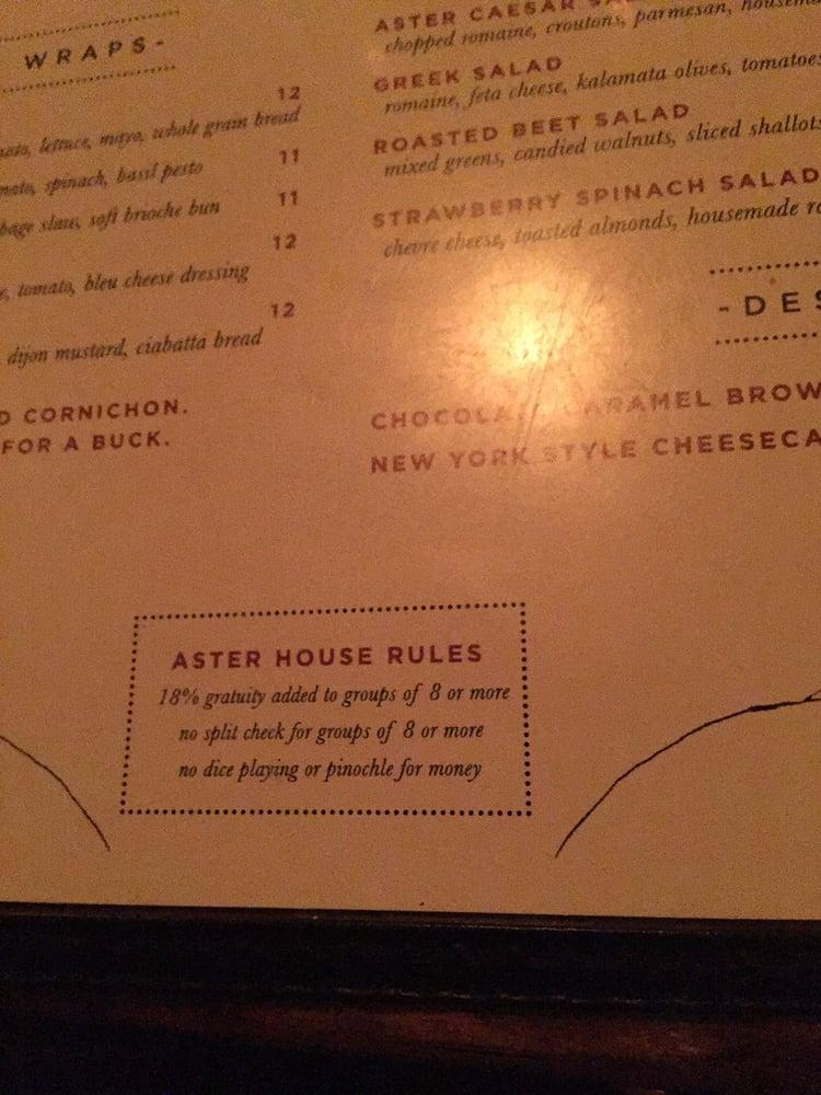 Menu at Aster Cafe, Minneapolis