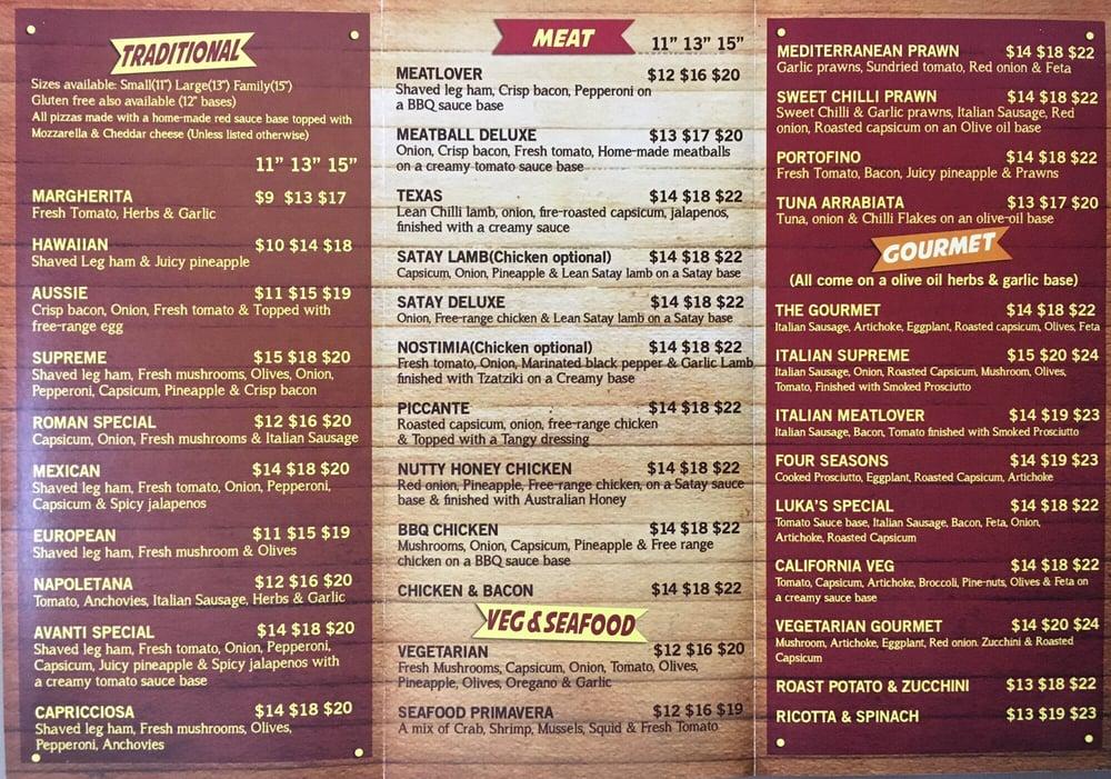 Menu at Avanti Pizza Cafe, Victoria Park