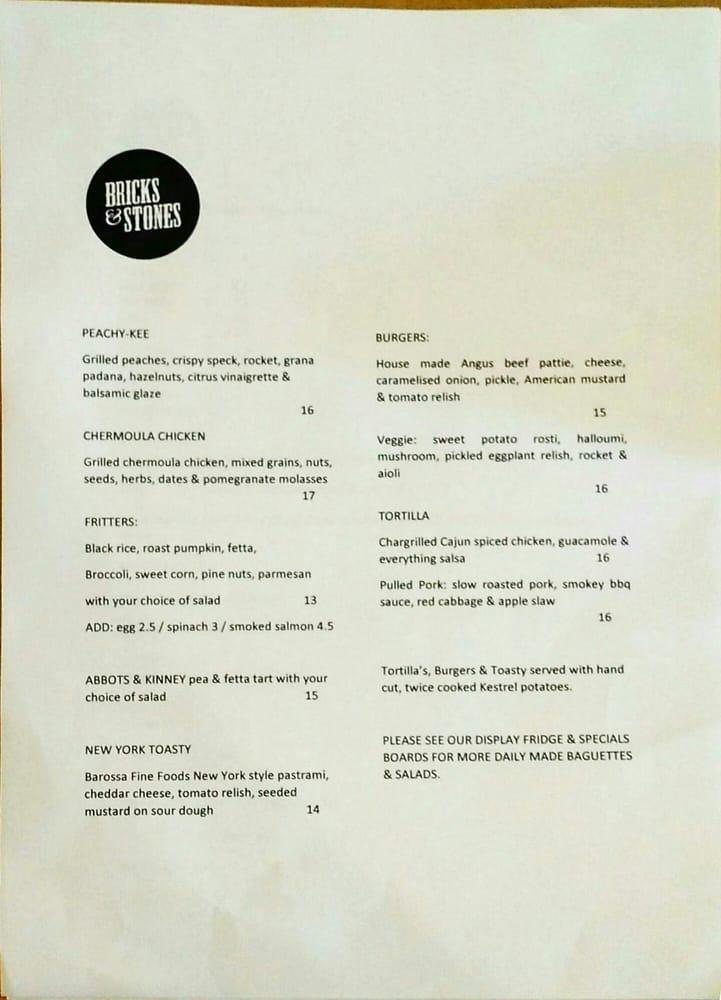 Menu at Bricks & Stones Cafe, Unley