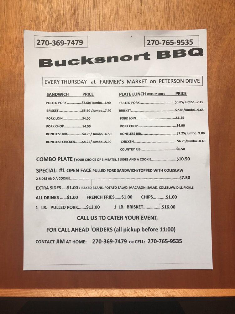 Menu at Bucksnort BBQ, Elizabethtown, 100-198 Peterson Dr
