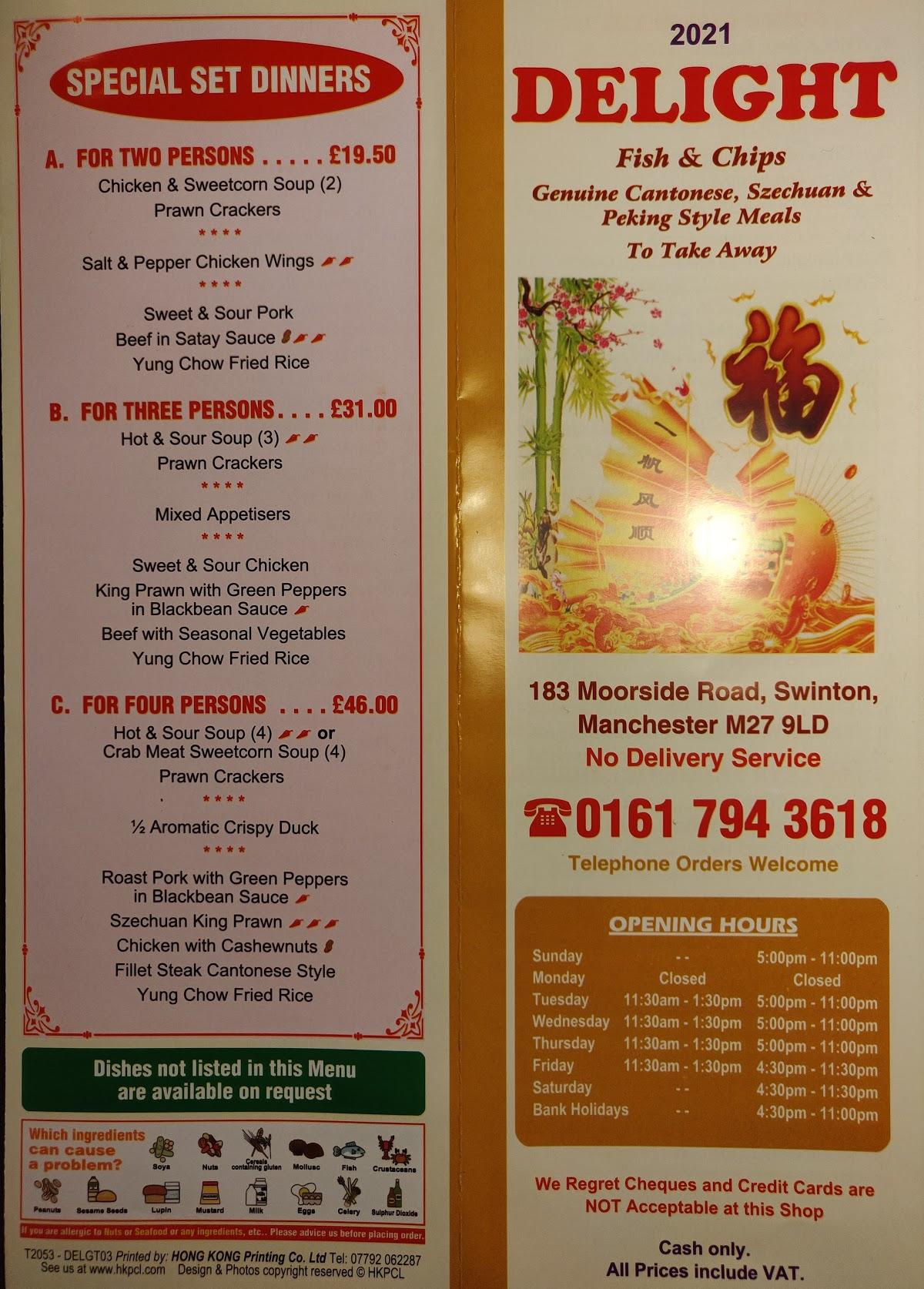 Menu at Delight fast food, Manchester, 183 Moorside Rd