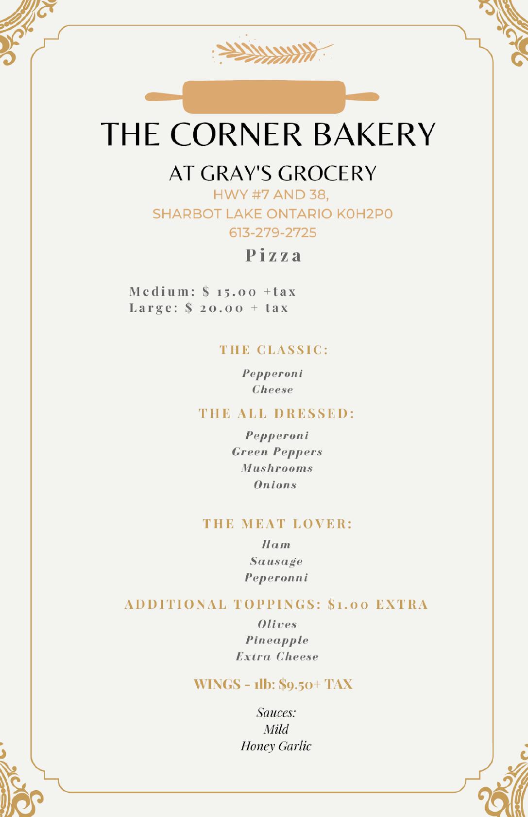 Menu at Gray's Grocery & Corner Bakery, Sharbot Lake