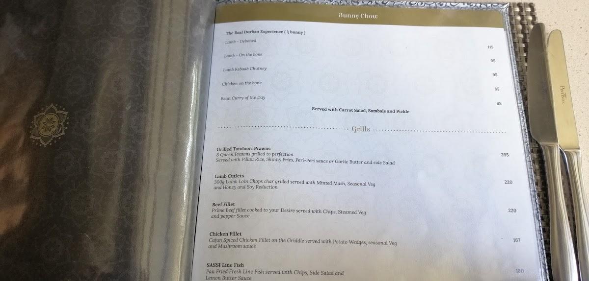 Menu at Jeera restaurant, Durban, Suncoast Towers