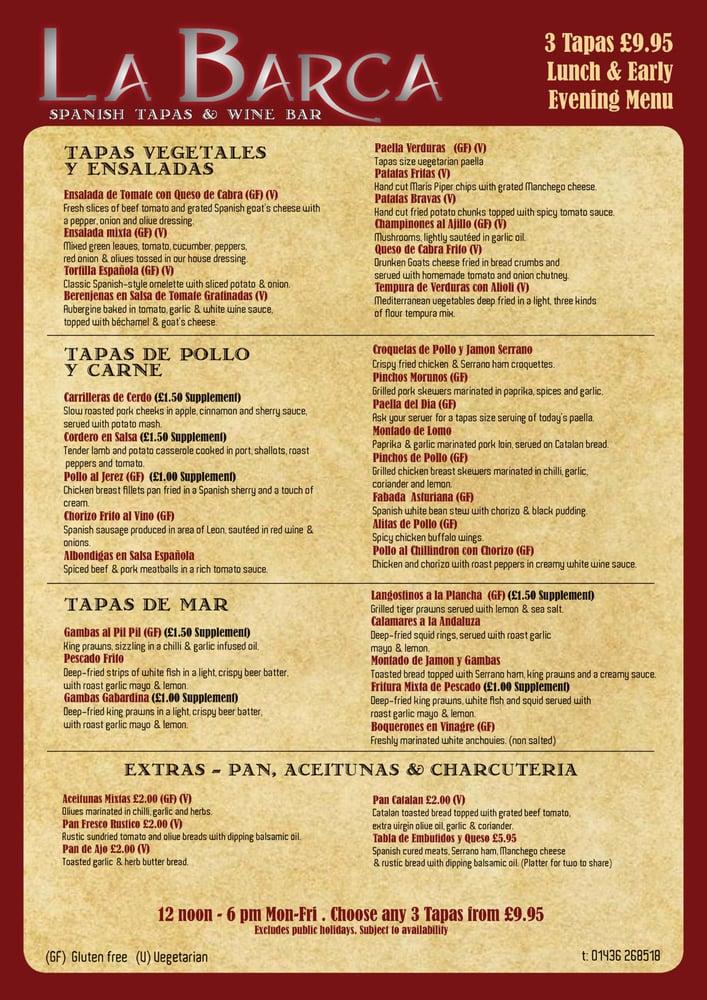 Menu at La Barca Spanish Tapas & Wine Bar, Helensburgh
