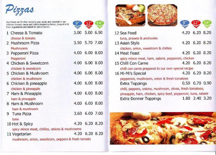 Menu at Mimi's Pizza bar, Rawtenstall