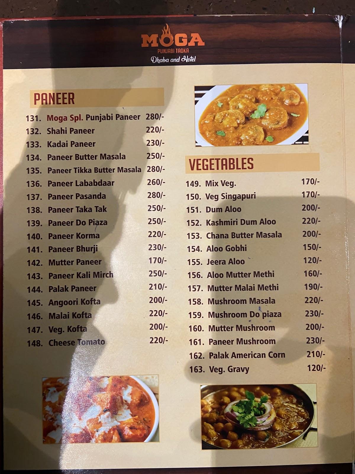 Menu at Moga Dhabha, Jagraon, NH95 Highway