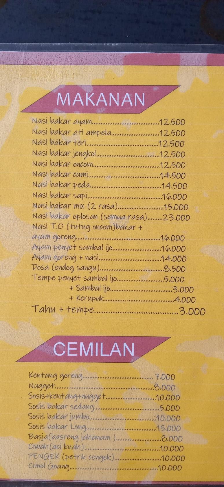Menu at Nasi Bakar Pak Jen restaurant, Kuningan