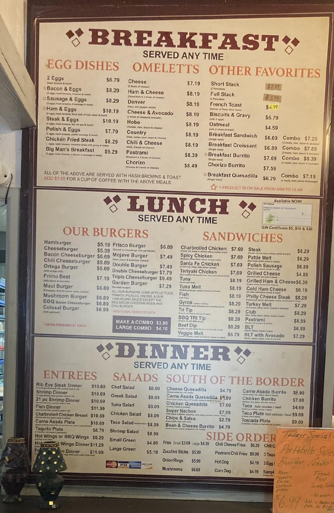 Menu at Primo Burgers restaurant, Tehachapi