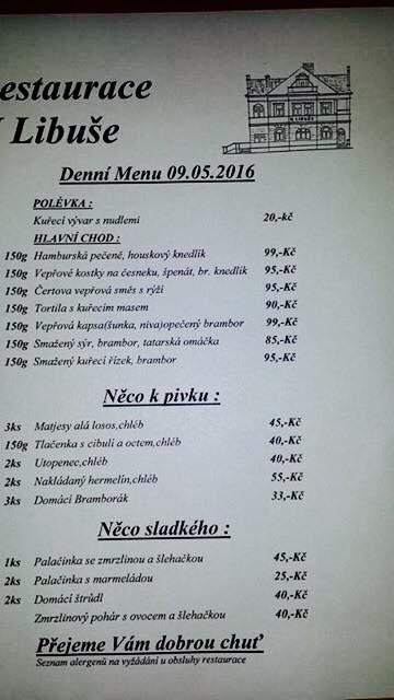 Menu at Restaurace U Libuše restaurant, Veltrusy