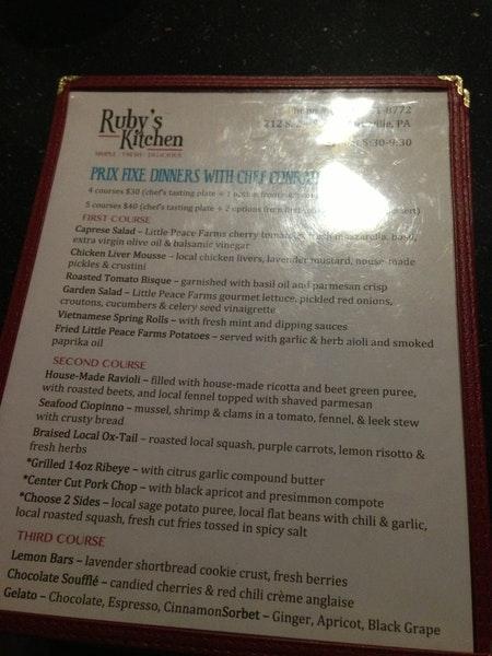 Menu at Ruby's Kitchen cafe, Pottsville