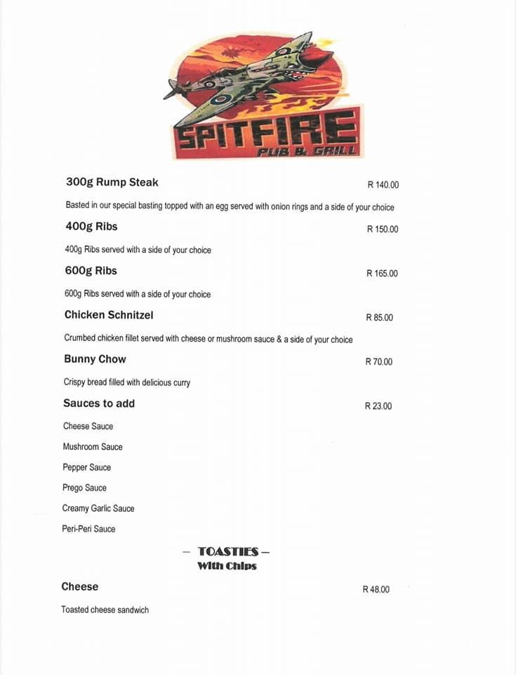 Menu at Spitfire Pub and Grill, Secunda