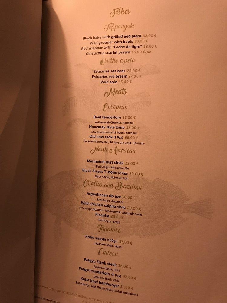 Menu at Amazónico restaurant, Madrid