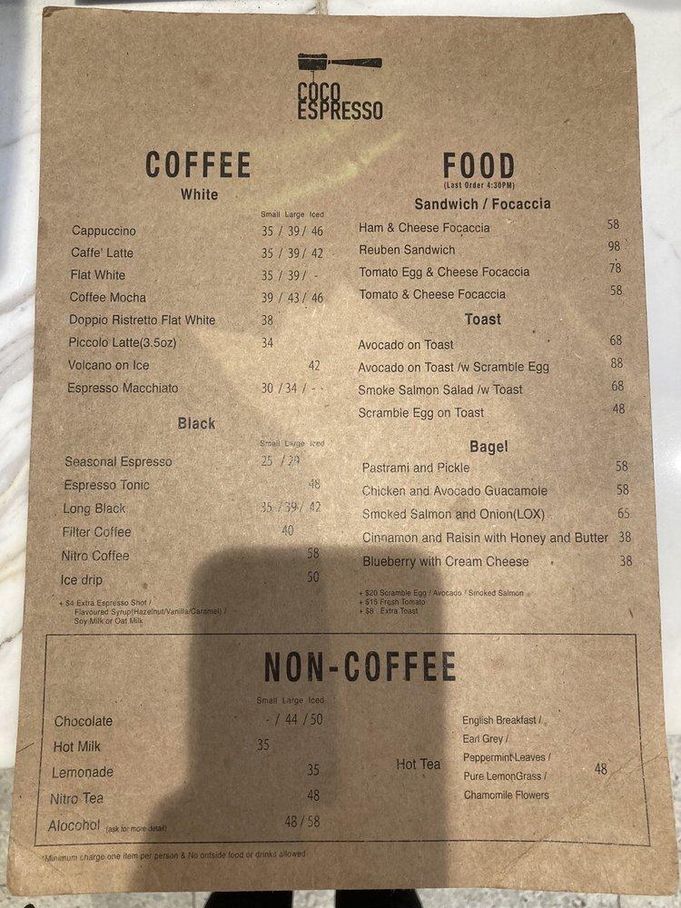 Menu at Coco Espresso cafe, Hong Kong, 13-15 Jervois St