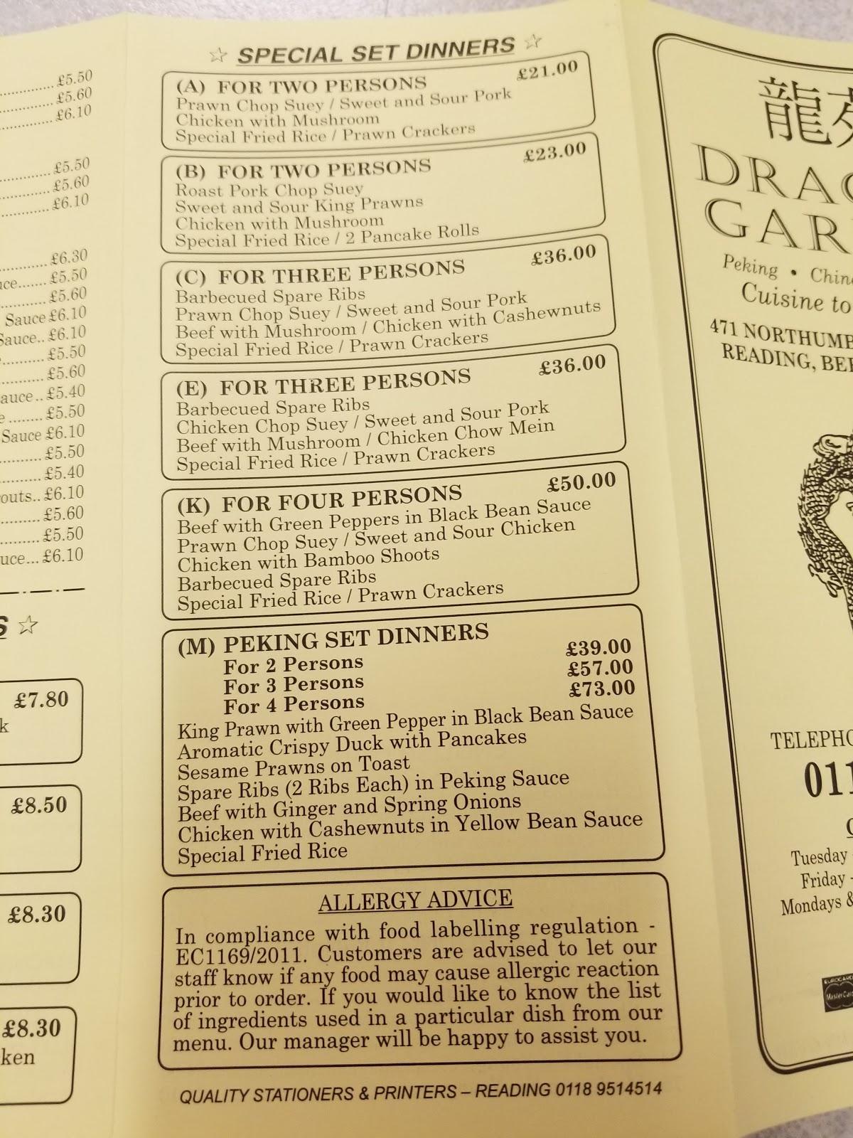 Menu at Dragon Garden restaurant, Reading