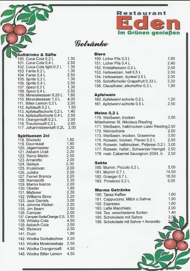 Menu at Gaststätte Eden restaurant, Frankfurt