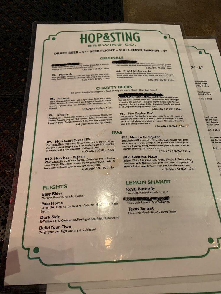 Menu at Hop and Sting Brewing Company restaurant, Grapevine, 906 Jean St