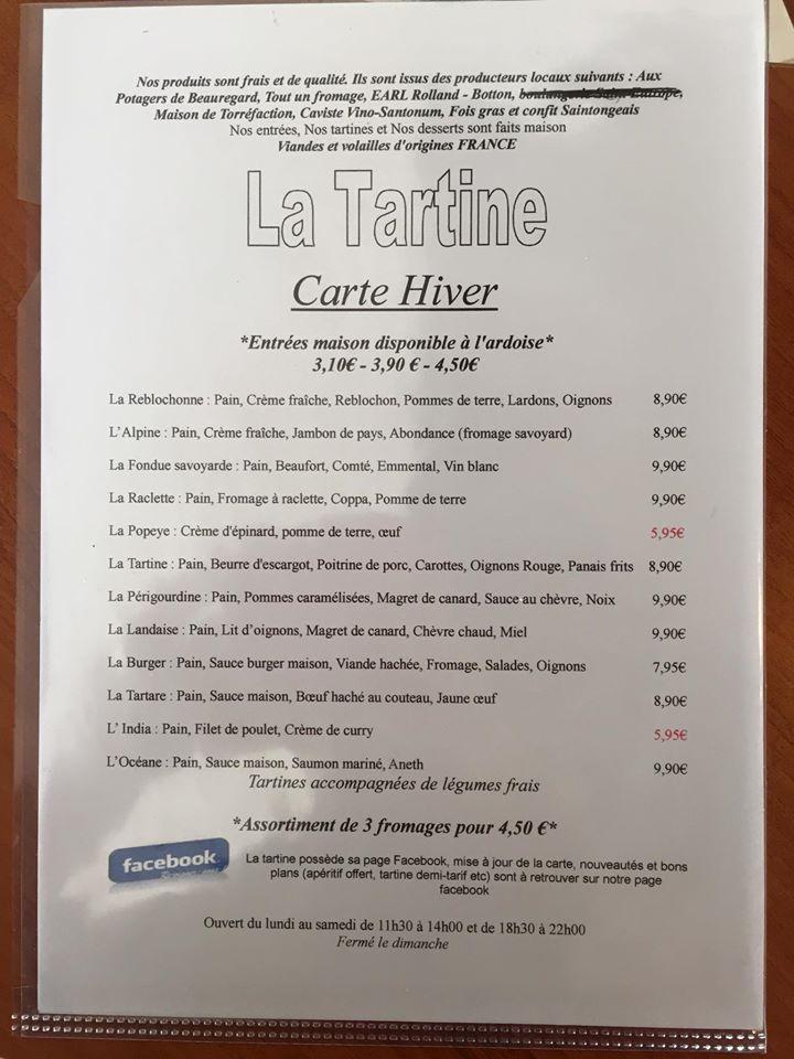 Menu at La tartine restaurant, Saintes