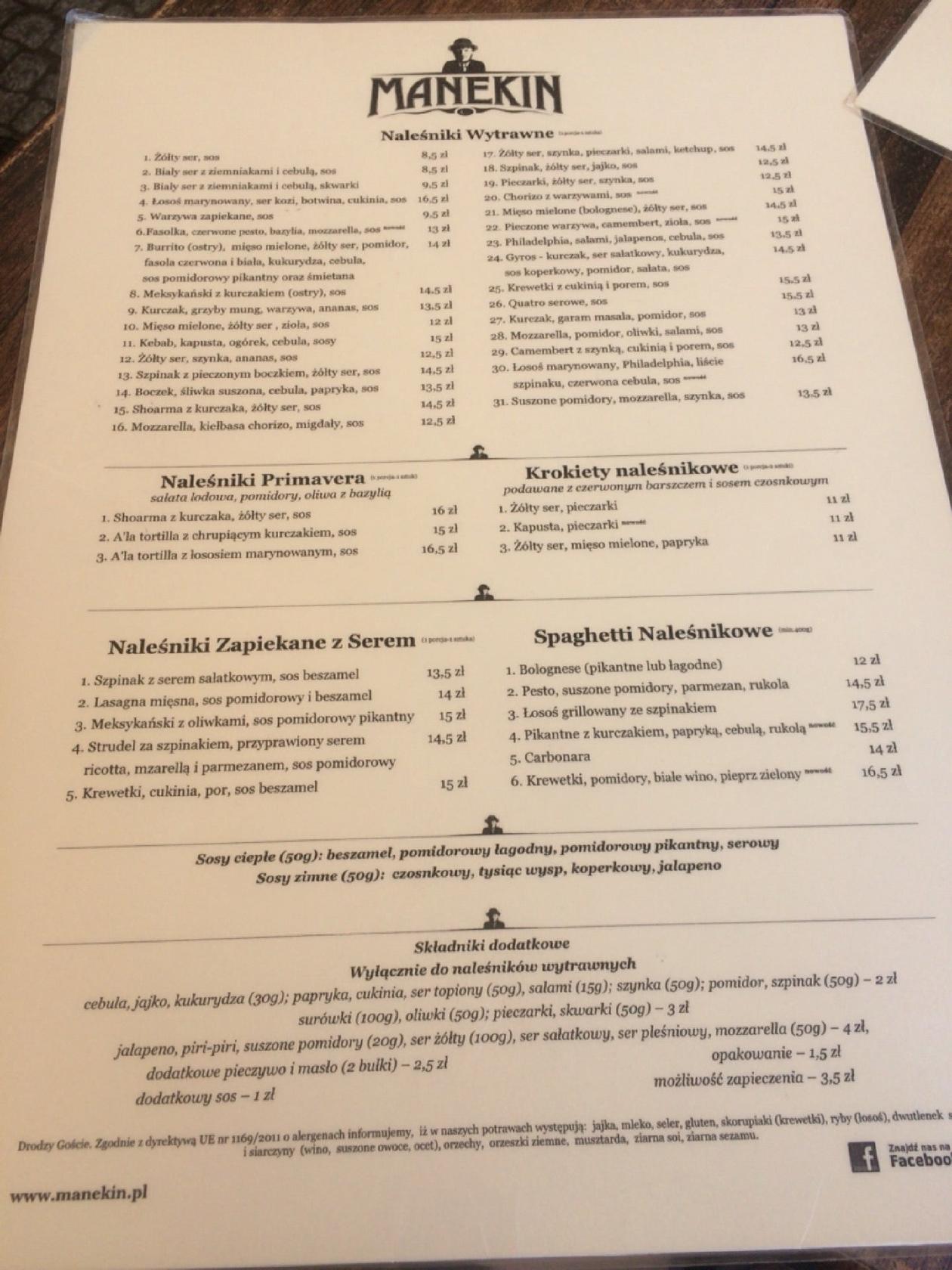 Menu at Manekin cafe, Gdańsk, Aleja Grunwaldzka 270