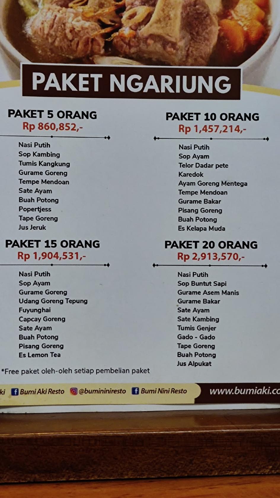 Menu at RM Bumi Aki Cibinong restaurant, Bogor