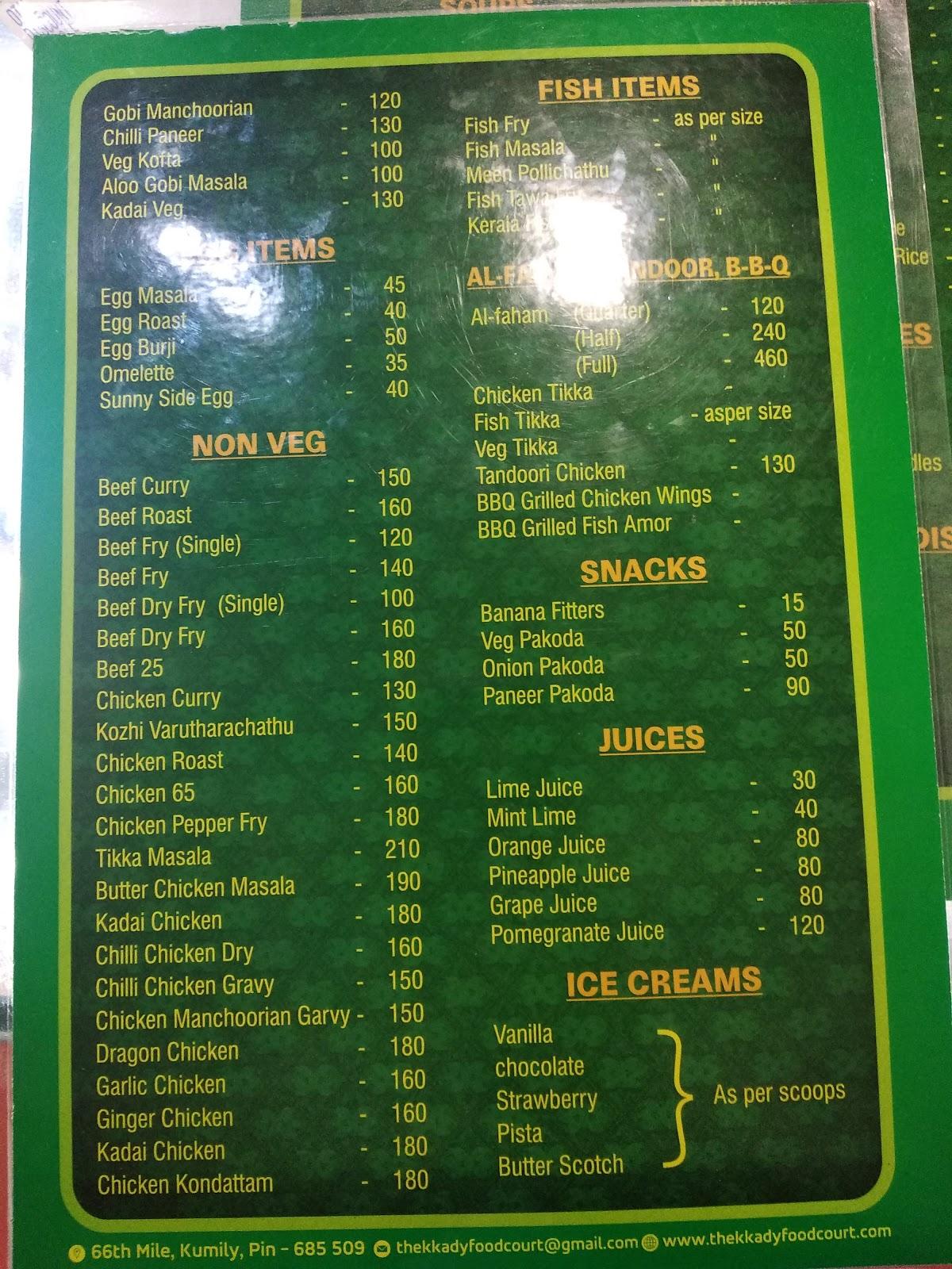 Menu at Thekkady Food Court, Periyar