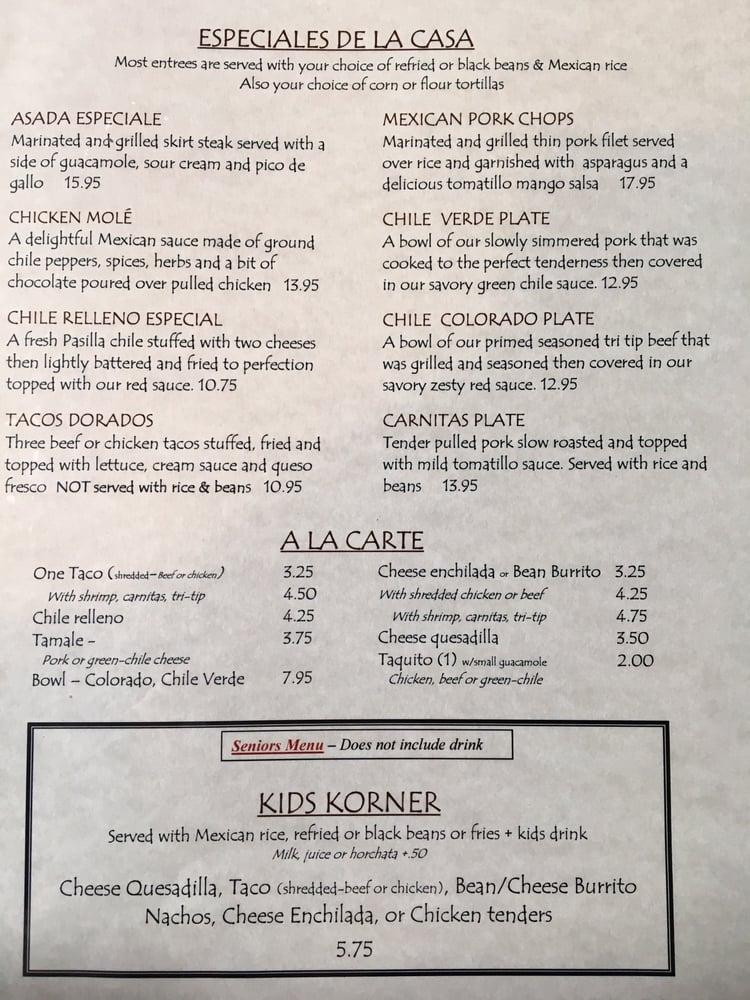 Menu at Agave Maria's restaurant, Camarillo