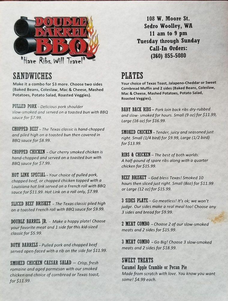 Menu at Double Barrel BBQ, Sedro-Woolley, 108 W Moore St