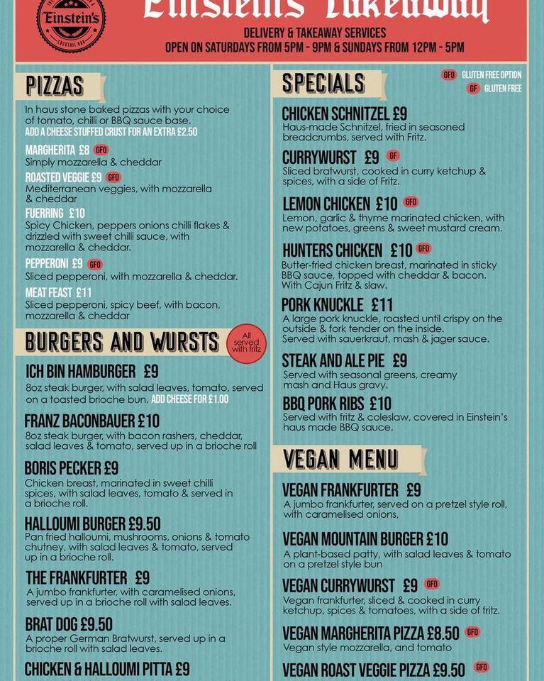 Menu at Einstein's pub & bar, Chesterfield