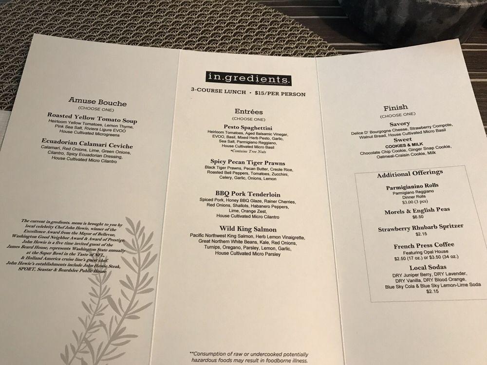 Menu at In.gredients restaurant, Redmond