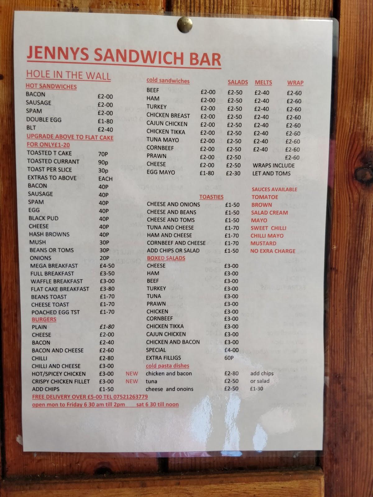 Menu at Jennys Cafe, Halifax