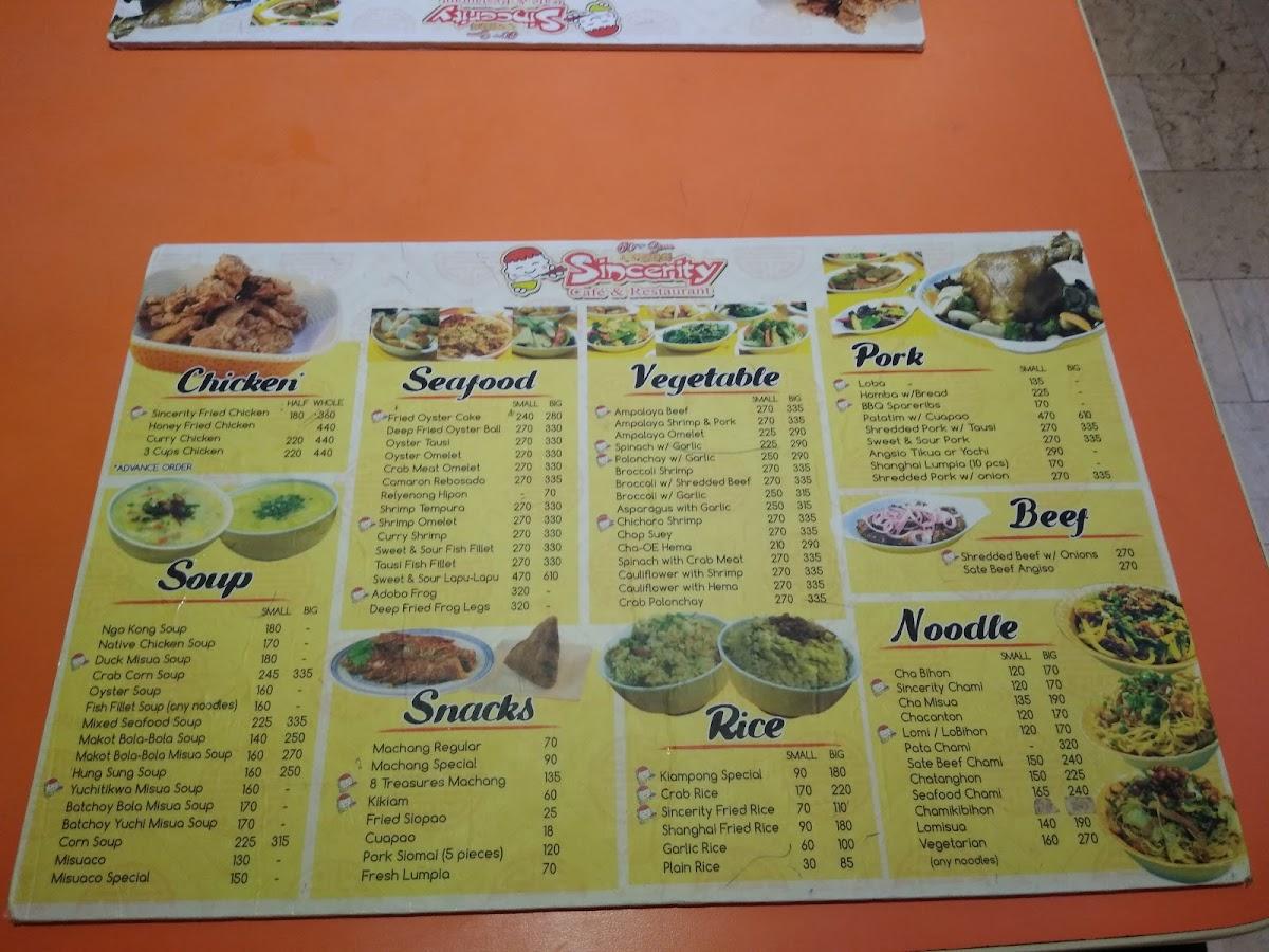 Menu at Sincerity Restaurant, Manila, 519 Quintin Paredes Rd
